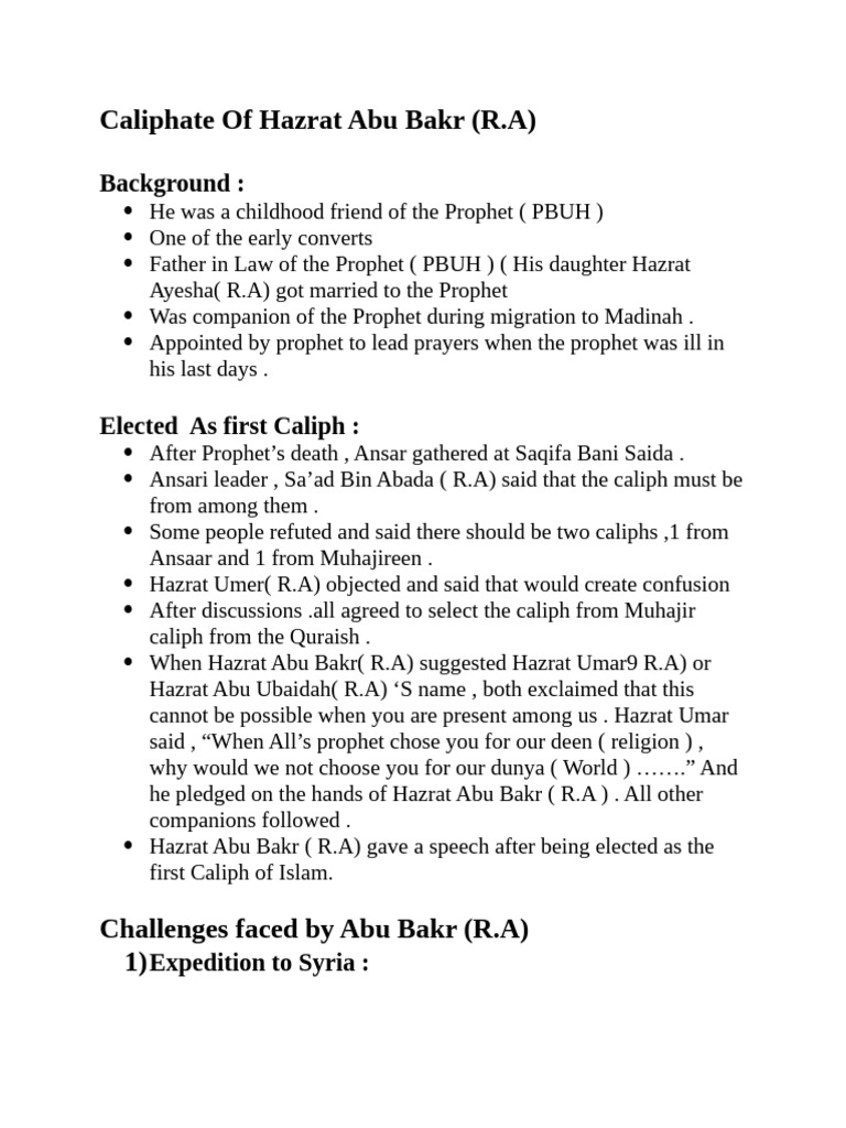 Caliphate Of Hazrat Abu Bakr | PDF