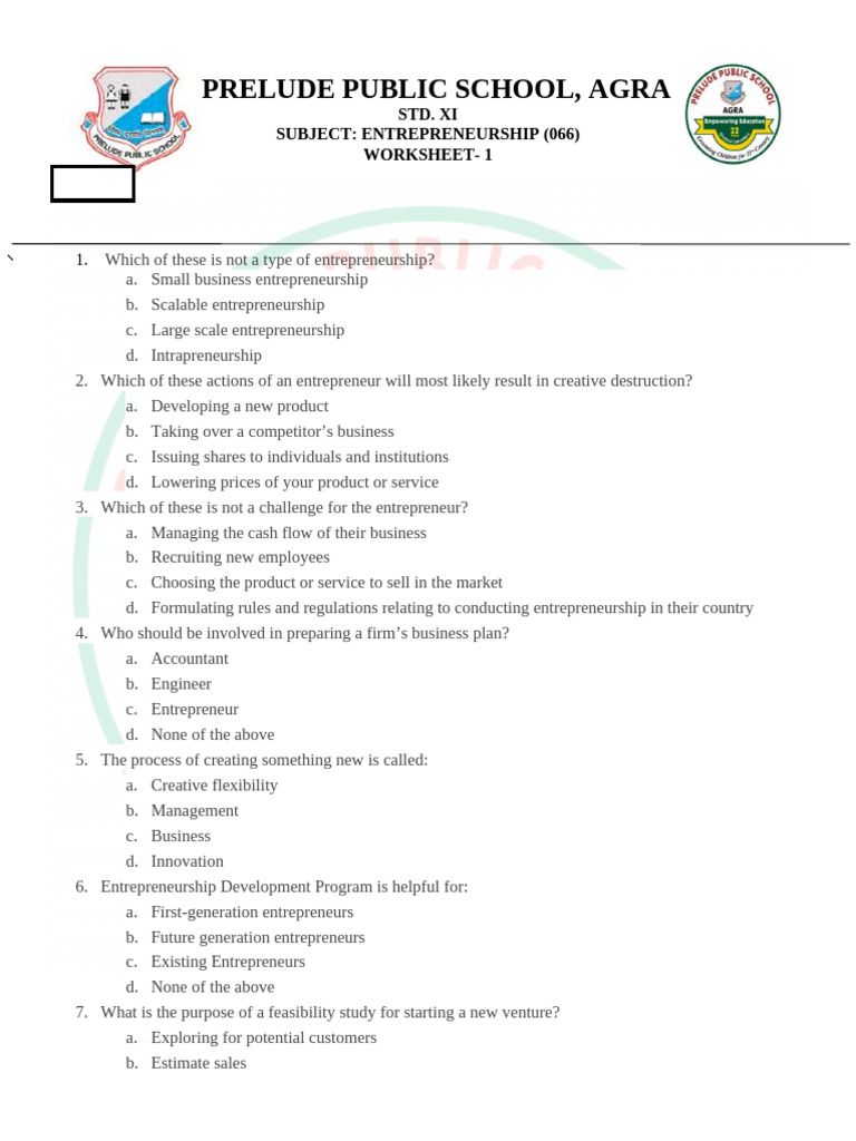 Std. Xi Entrepreneurship Worksheet 1 | PDF | Entrepreneurship ...