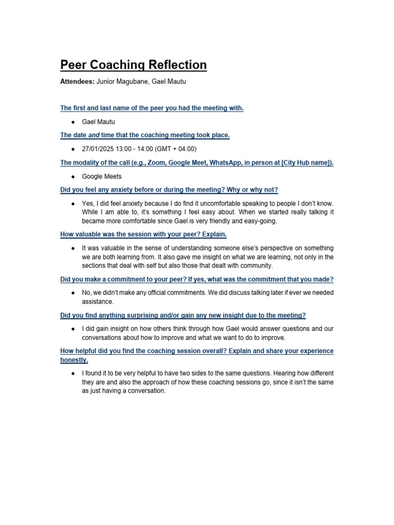 Peer Coaching Reflection | PDF