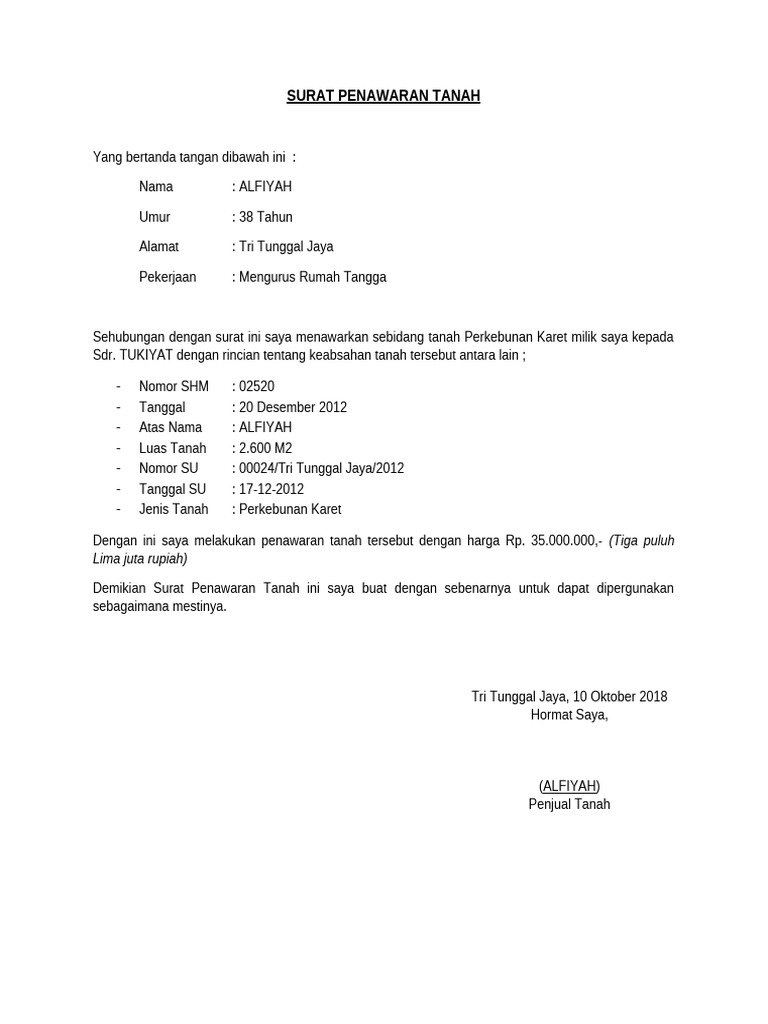 Surat Penawaran Tanah | PDF
