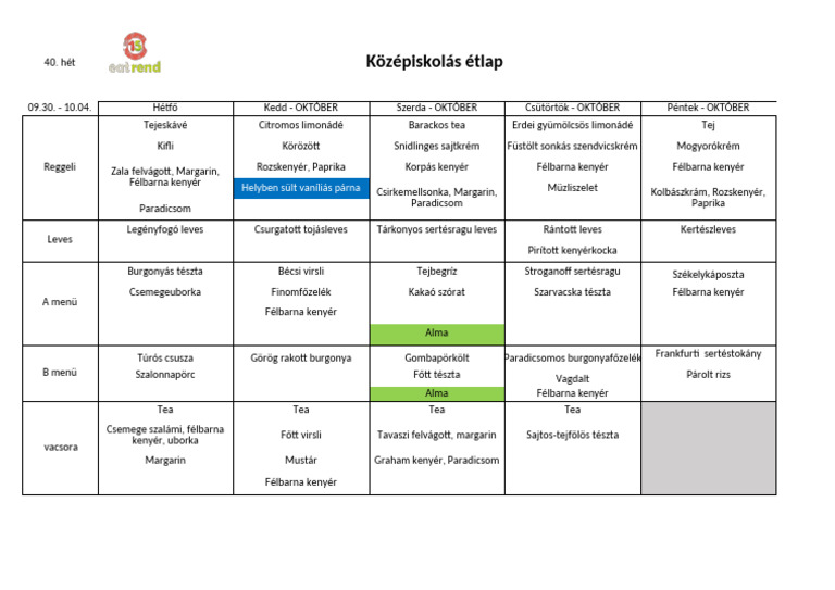 40.heti Étlap Középiskola | PDF