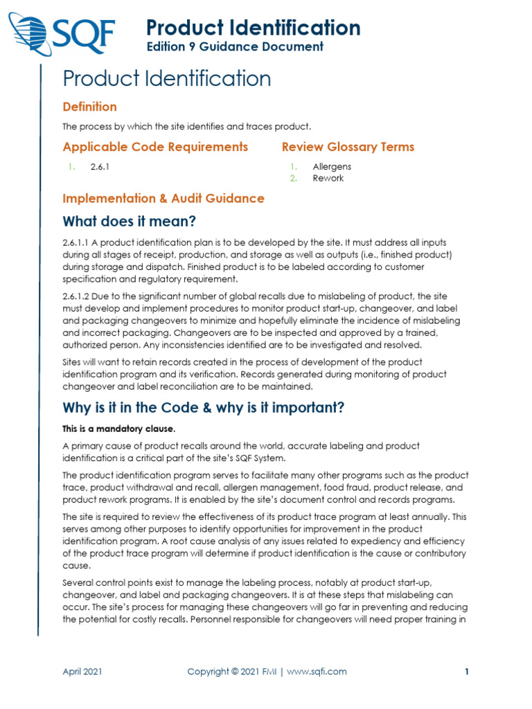 Product Identification Guidance Document | PDF