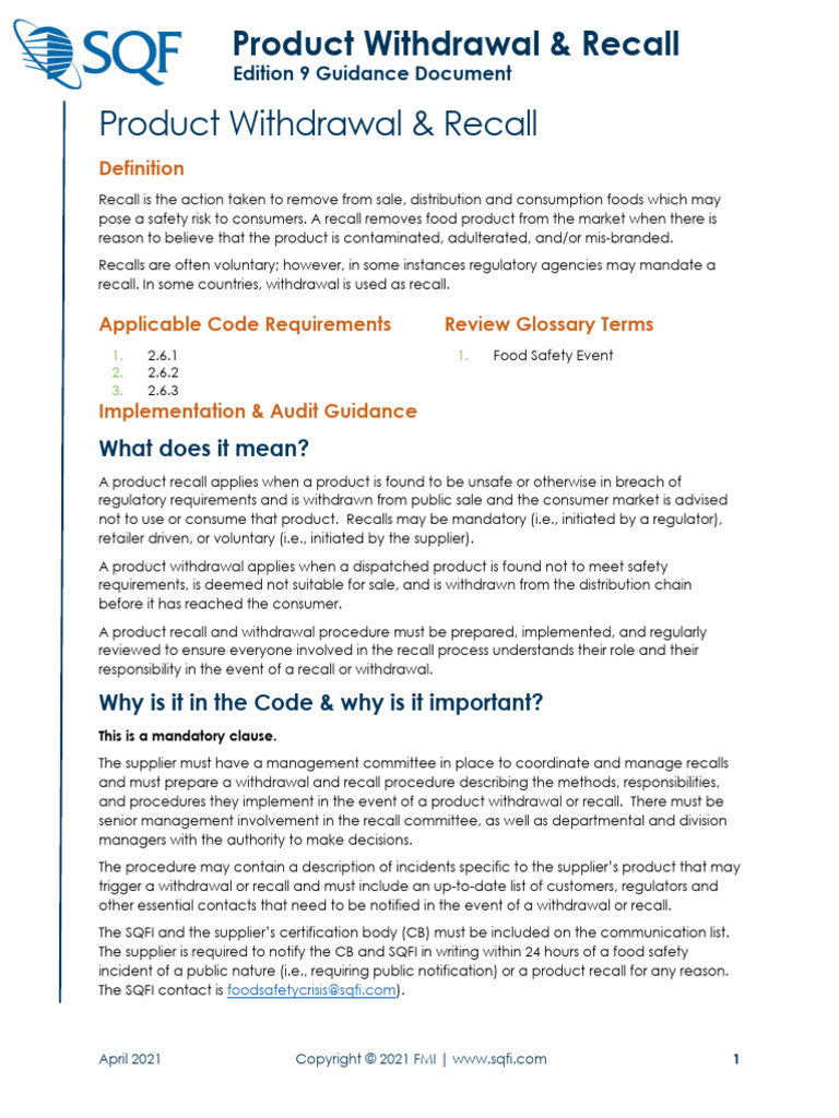 Product Withdrawal and Recall Guidance Document | PDF | Food Safety