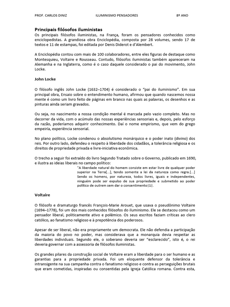 ILUMINISMO II 8º ANO | PDF | Jean-Jacques Rousseau | Iluminismo