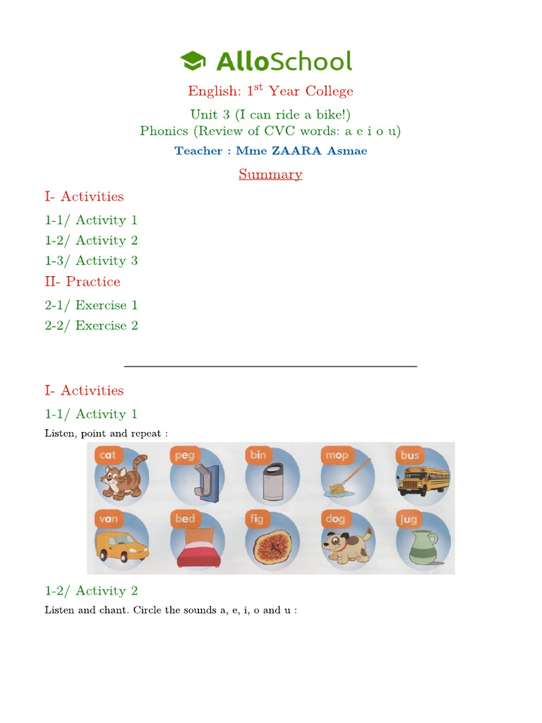 Unit 3 Phonics Review of CVC Words A e I o U 2 | PDF