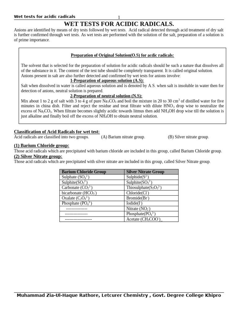 Wet Tests For Acid Radicals2 | PDF | Acid | Salt (Chemistry)