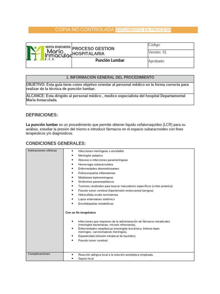 Puncion Lumbar Word | PDF | Fluido cerebroespinal | Meningitis