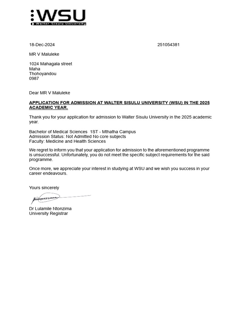 WSU Medicine Admission Decision 2025 | PDF