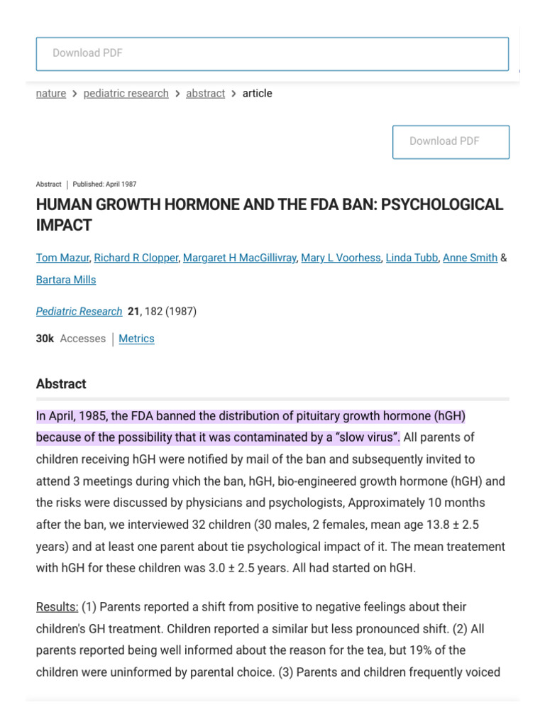 HUMAN GROWTH HORMONE AND THE FDA BAN - PSYCHOLOGICAL IMPACT - Pediatric ...