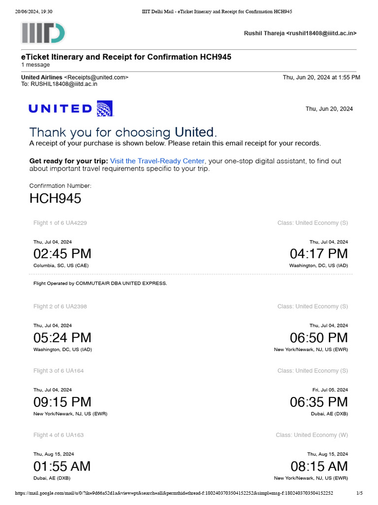IIIT Delhi Mail - ETicket Itinerary and Receipt For Confirmation HCH945 | PDF | United Airlines ...