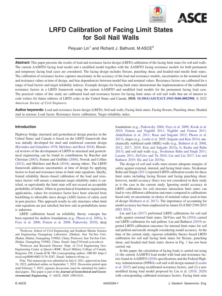 Lin Bathurst 2022 LRFD Calibration of Facing Limit States For Soil Nail ...