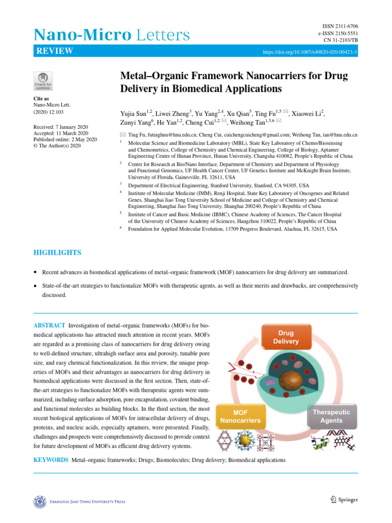 Metal-Organic Framework Nanocarriers For Drug Delivery in Biomedical Applications | PDF ...