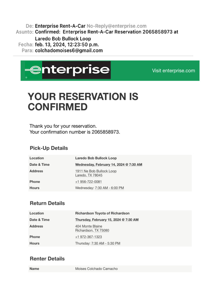 Confirmed Enterprise Rent-A-Car Reservation 2065858973 at Laredo Bob ...