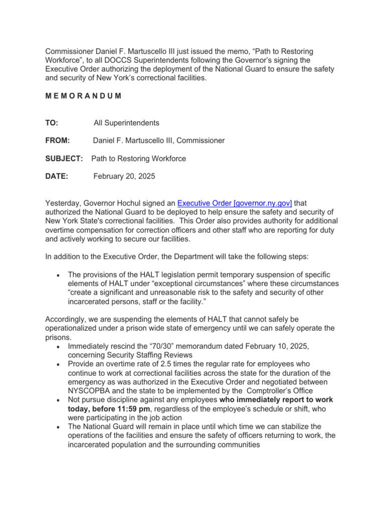 NYS DOCCS Memo February 20 | PDF | Prison | Labor