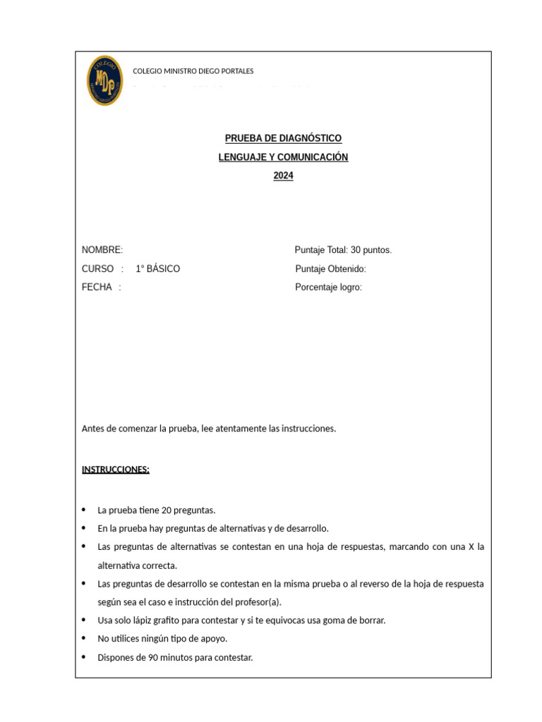 Prueba Diagnóstica Lenguaje 1° Básico | PDF