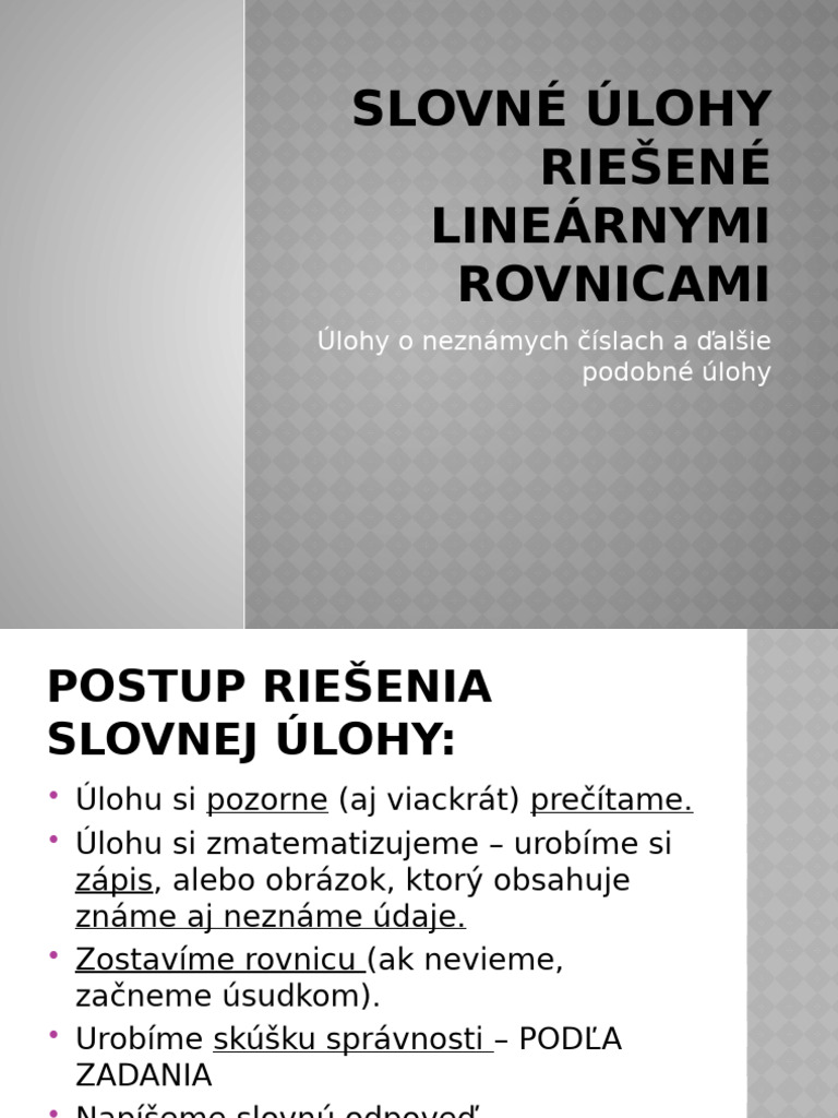 Slovné úlohy riešené lineárnymi rovnicami | PDF