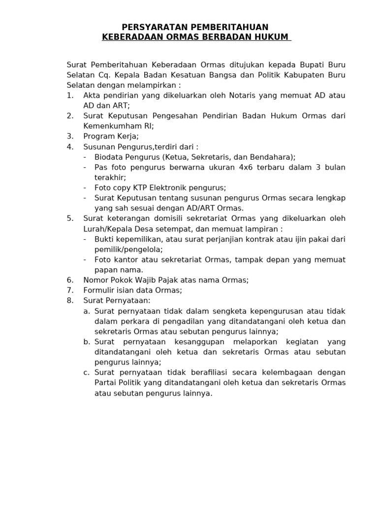 (Badan Hukum) Persyaratan Pemberitahuan Keberadaan Ormas | PDF