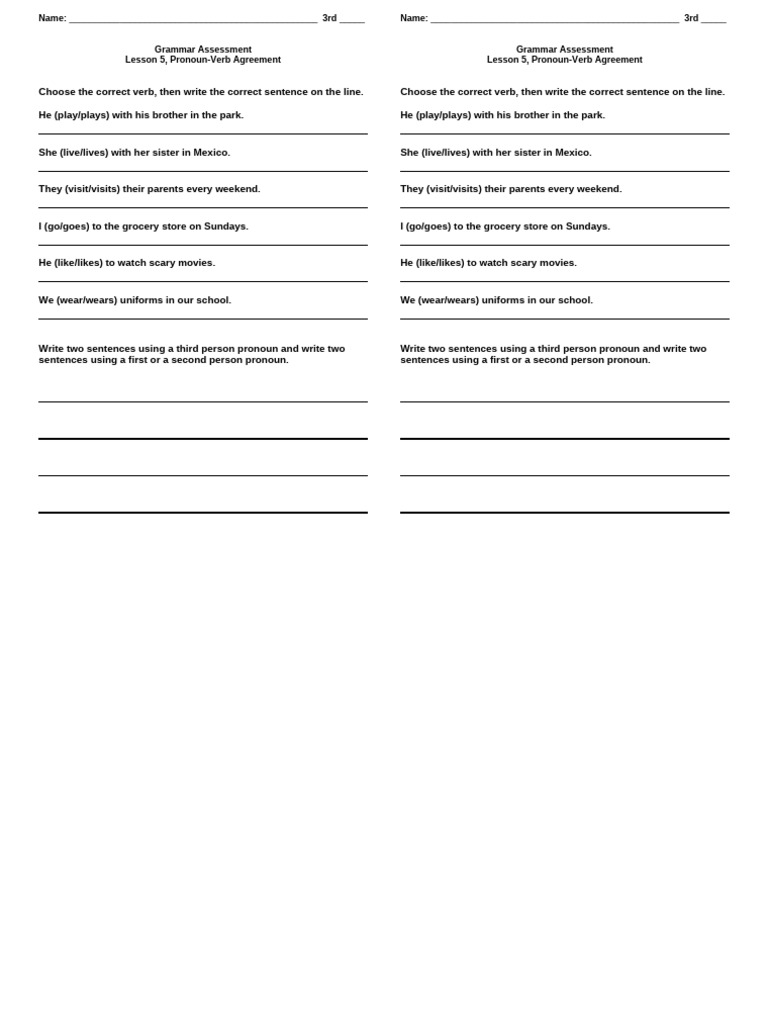 g3 l5 Quiz Pronoun-Verb-Agreement | PDF