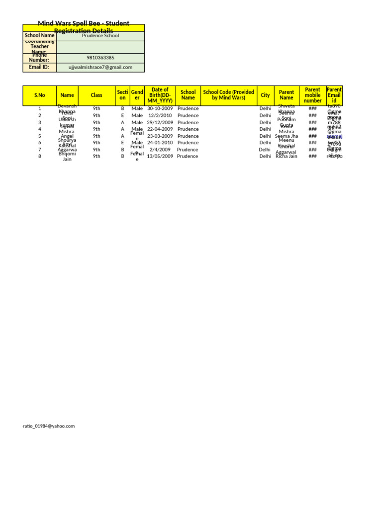 5 Spell Bee Registered Student Details Format | PDF