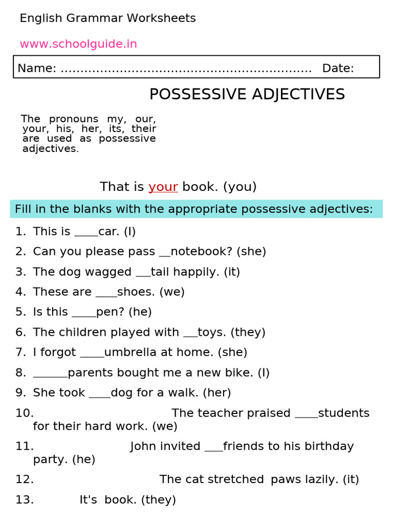 Possessive Adjectives Worksheet 2 | PDF