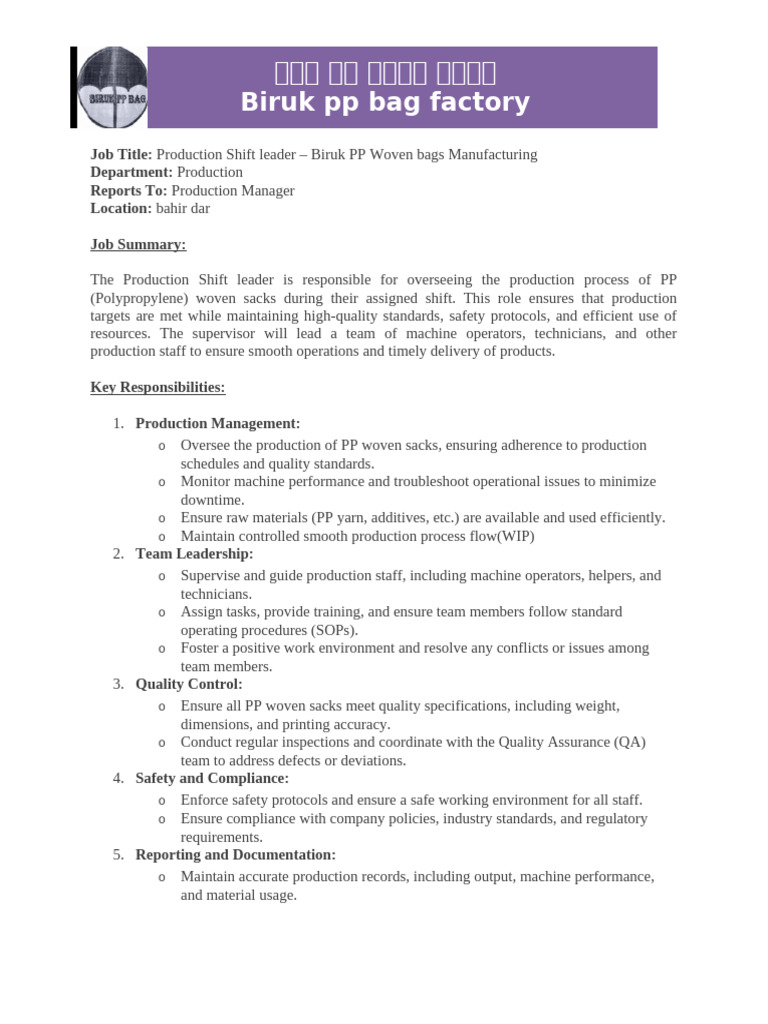 job description shift leader | PDF | Regulatory Compliance | Business