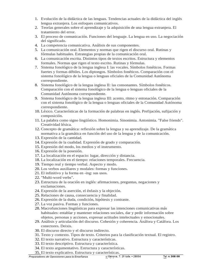 Indice Inglés Oposiciones Secundaria | PDF | Fonología | Palabra