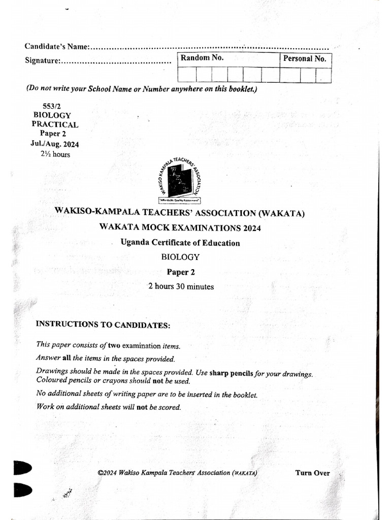 Wakata Mock Examination Uce Biology Practical Paper 2 2024 | PDF
