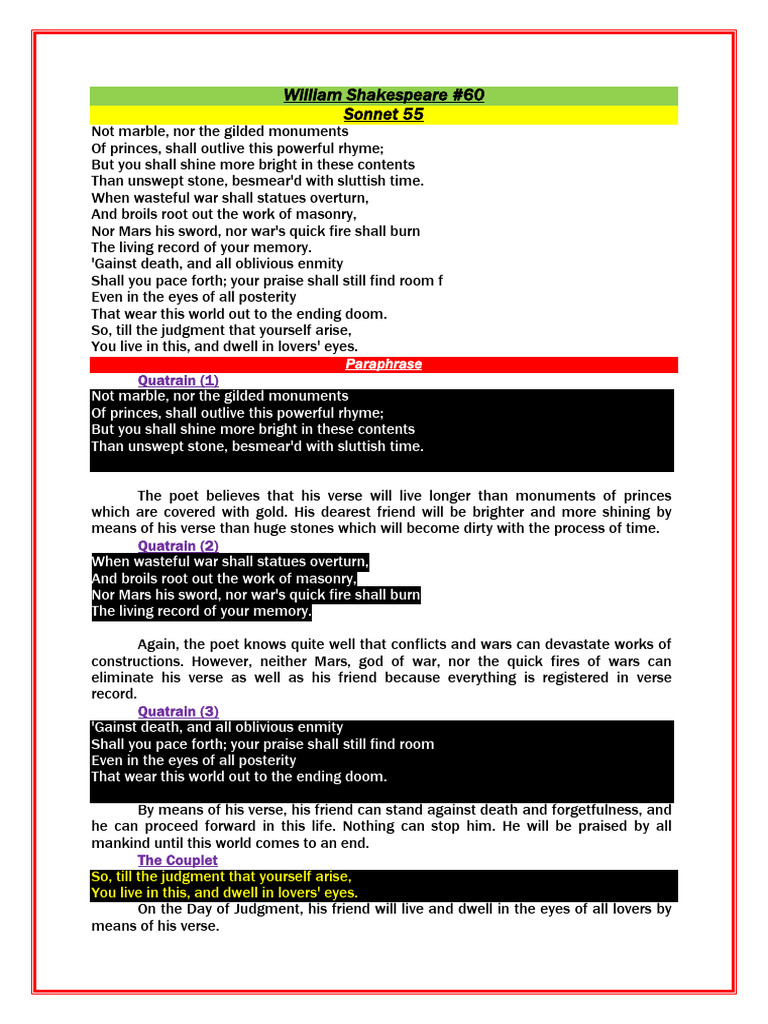 Online 5, William Shakespeares Sonnet 55 | PDF | Poetry | Poetic Devices
