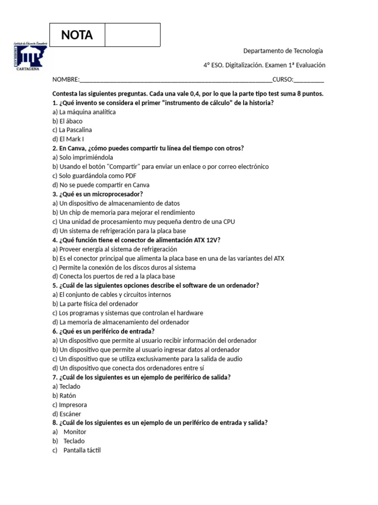 Examen 4 DIG 1º Ev | PDF | Hardware de la computadora | Periférico