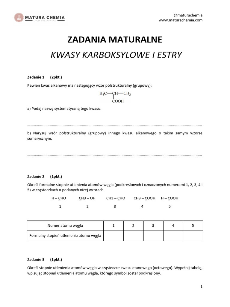 Zadania Maturalne Kwasy Karboksylowe I Estry | PDF