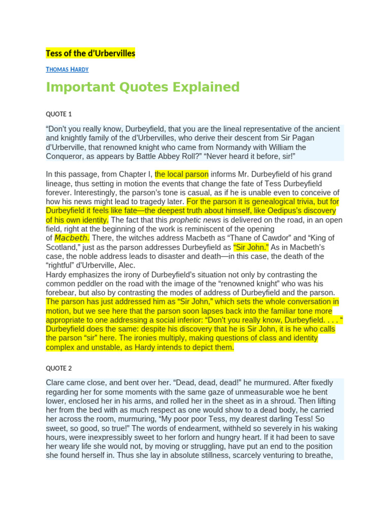 Key Quotes from Tess of the d'Urbervilles | PDF | Tess Of The D ...