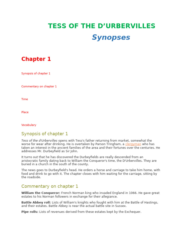 TESS OF THE DURBERVILLES Synposis | PDF | Tess Of The D'urbervilles ...