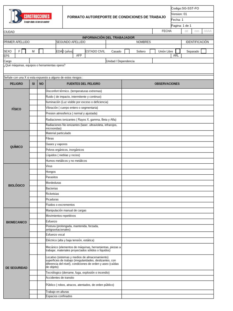 Sg-sst-fo-69_formato Autoreporte Condiciones de Trabajo | PDF ... Sg-sst-fo-69_formato Autoreporte Condiciones de Trabajo | PDF ...