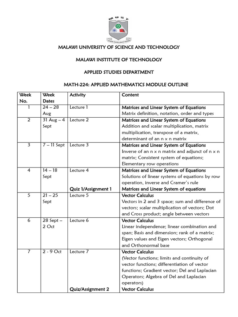 Course Outline For MATH-224 | PDF | Matrix (Mathematics) | Vector Space