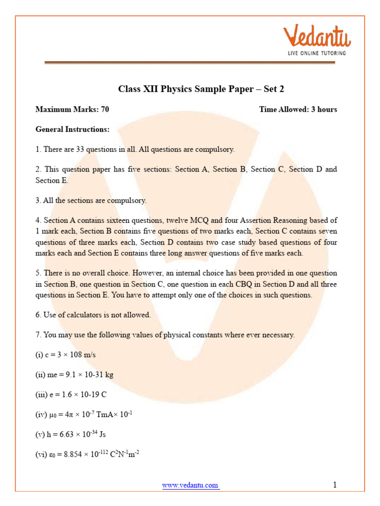Class 12 Physics Sample Paper 2024-25 | PDF | P–N Junction | Diode