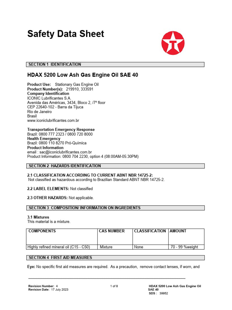 Sds Hdax 5200 Low Ash Gas Gine Oil Sae 40 333591 Rev 170723 en | PDF ...
