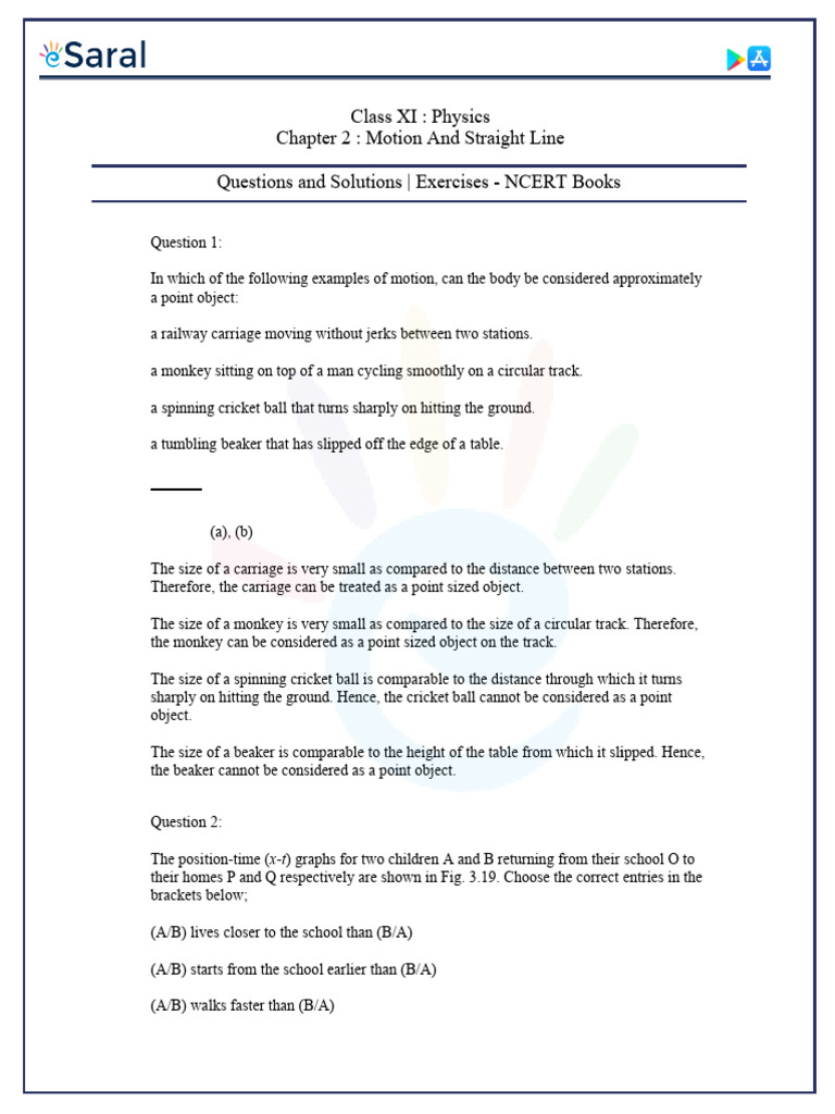 NCERT Solutions Class 11 Physics Chapter 2 Motion in A Straight Line PDF | PDF | Velocity ...