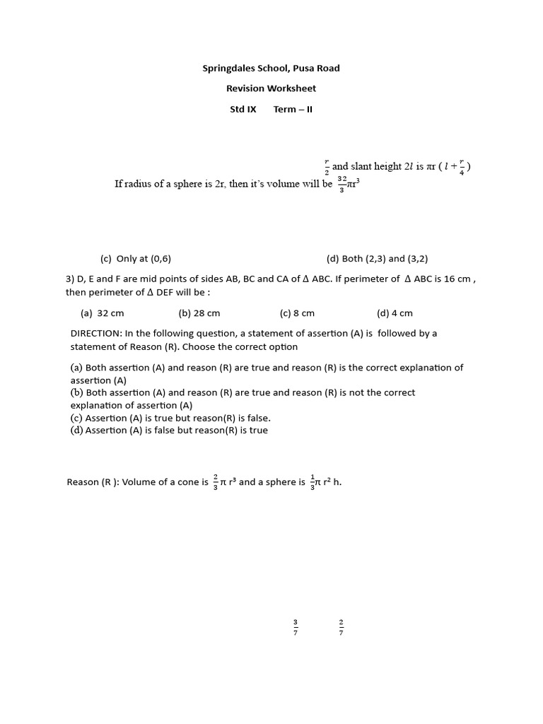 Revision Worksheet Class 9 | PDF | Sphere | Geometric Shapes
