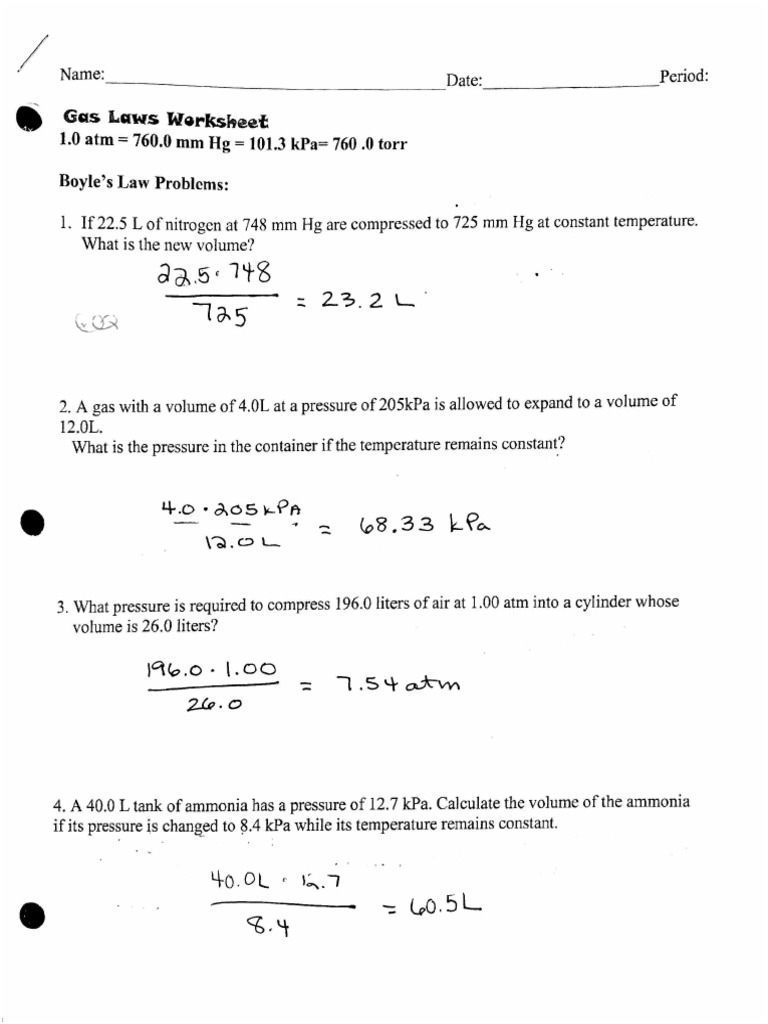 Gas Law Worksheet Key | PDF