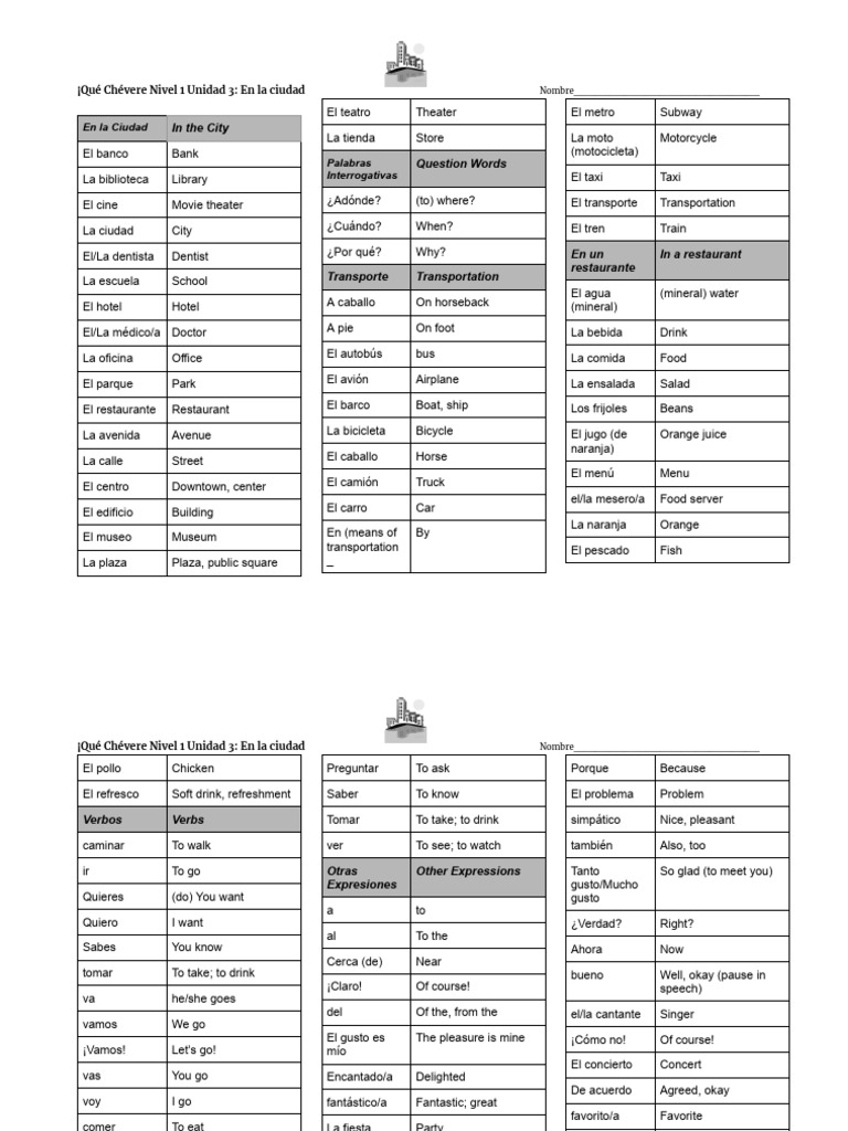 QC Uni 3 Vocabulario en La Ciudad | PDF | Transporte