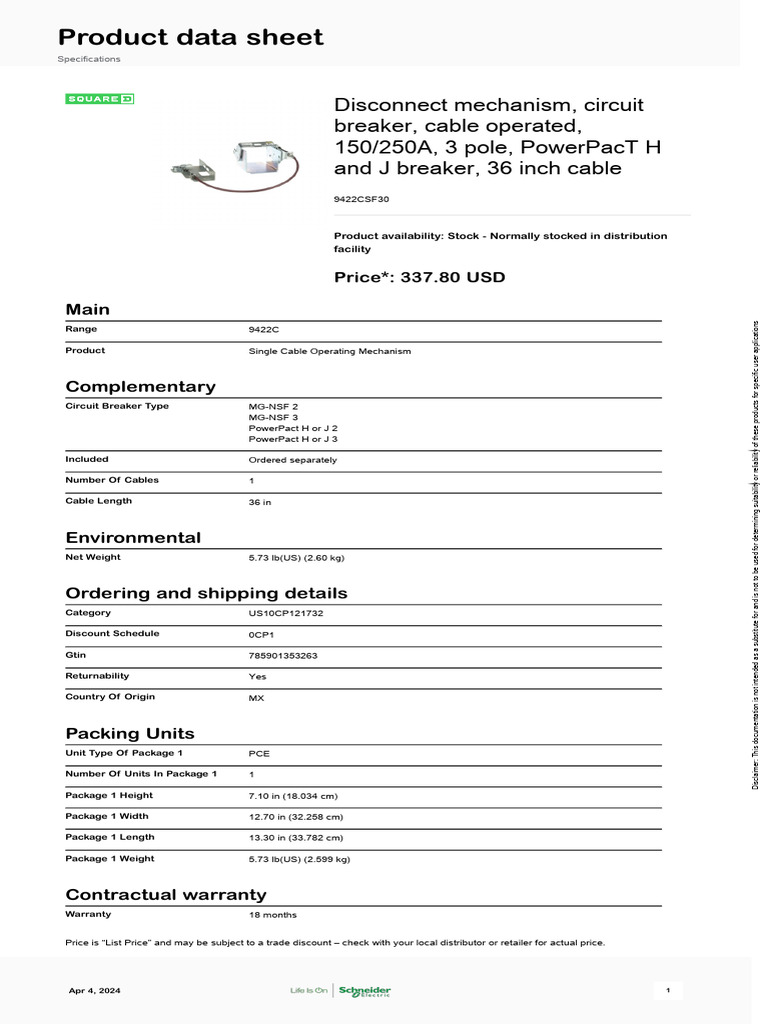 Schneider Electric - Dual-Cable-Operating-Mechanisms - 9422CSF30 | PDF