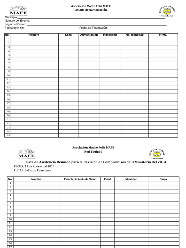 Listados de Asistencia MAFE Taulabé | PDF
