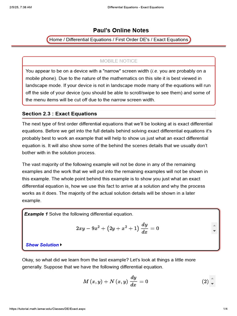Differential Equations - Exact Equations | PDF | Equations | Function (Mathematics)