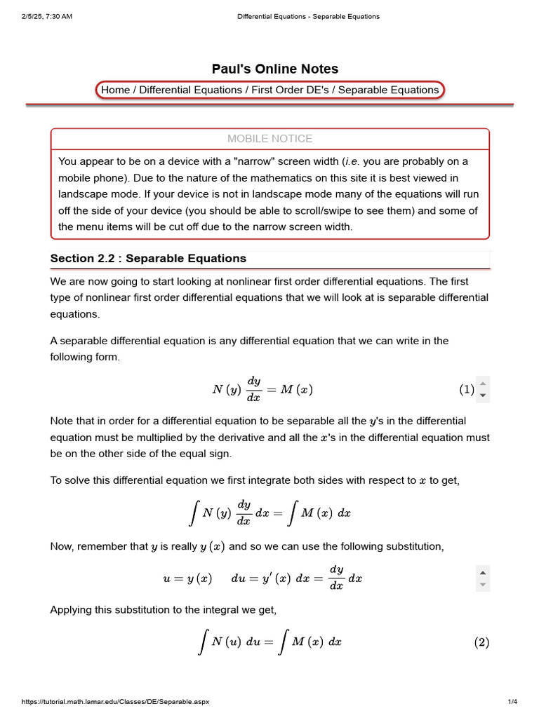 Separable Differential Equations Guide | PDF | Equations | Differential ...