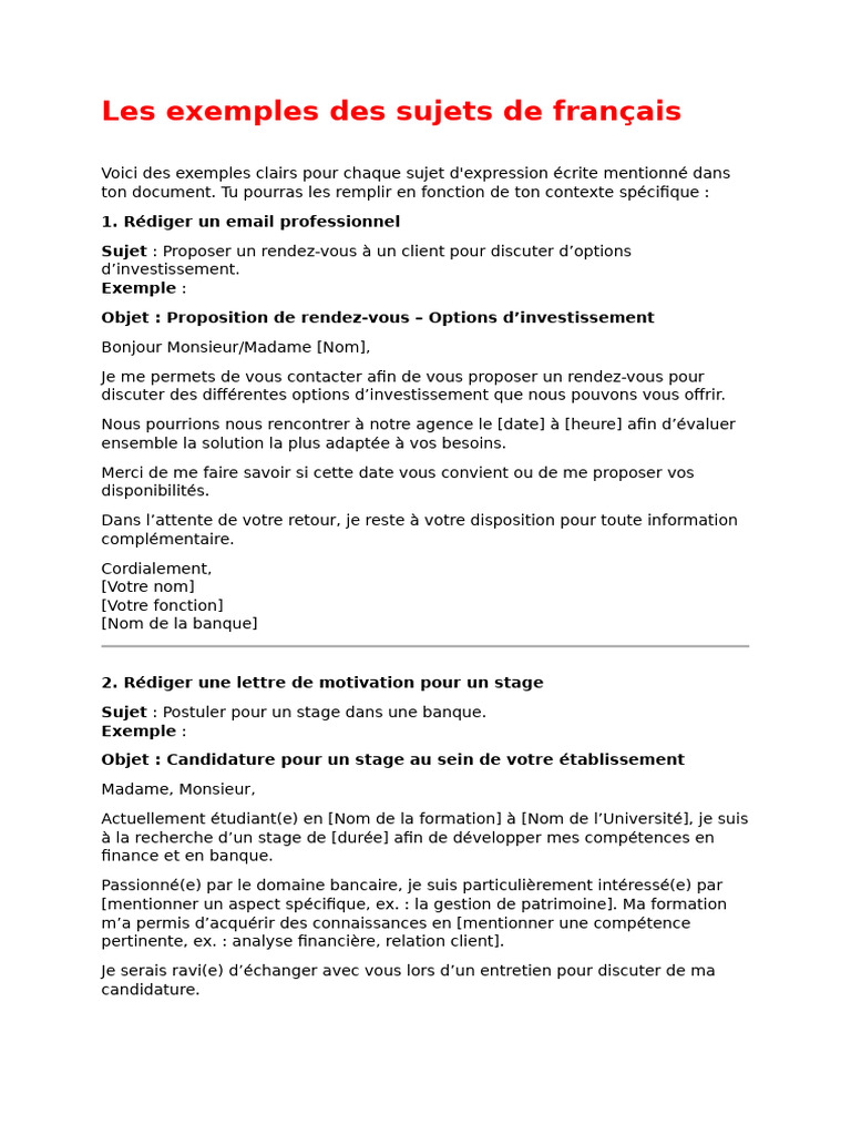 Exemples de sujets en français | PDF | Banques