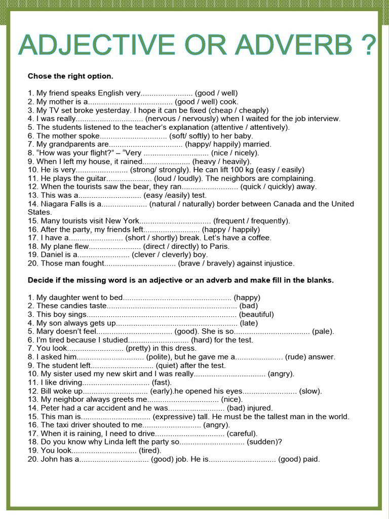 Adjective or Adverb Grammar Drills Oneonone Activities - 94005 | PDF