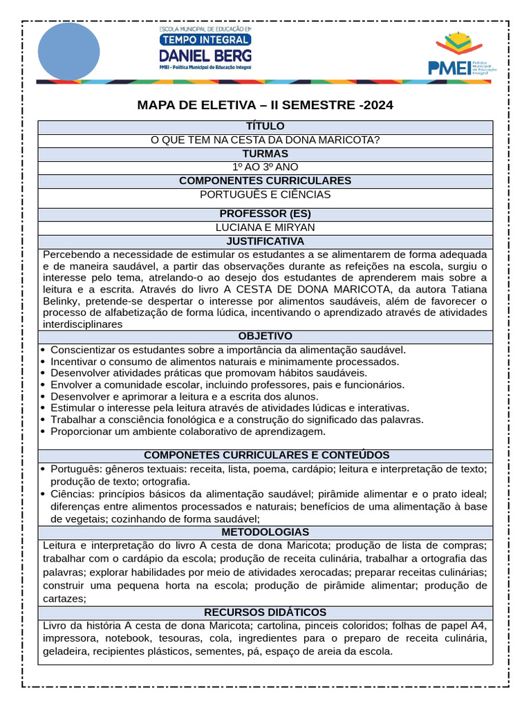 Mapa de Eletiva 1º Semestre 2025 | PDF | Alimentos | Aprendizado
