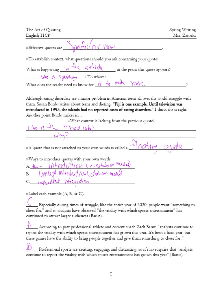 Art of Quoting & Integrating Quotes [shortened] | PDF | Eating Disorder