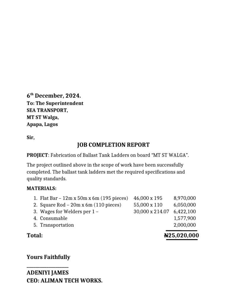 Job Completion Report: Ballast Tank Ladders | PDF