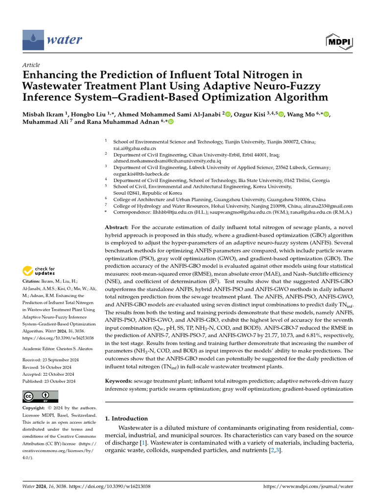 Enhancing the Prediction of Influent Total Nitrogen in Wastewater Treatment Plant Using Adaptive ...